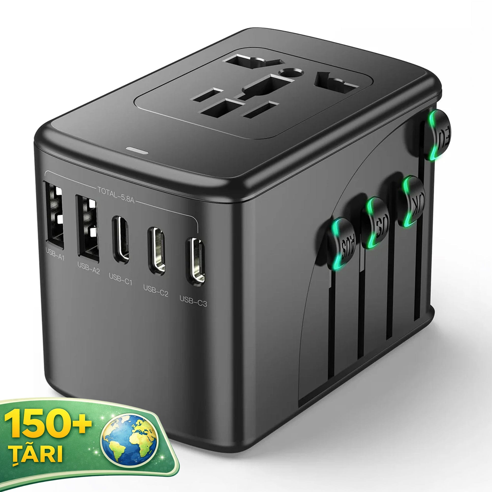 Adaptor incarcator universal priza de calatorie Timebox, 2 x USB, 3 x